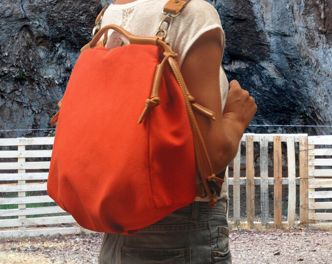 Backpack in Coral Red Canvas With Tan Leather Accents Called - Etsy