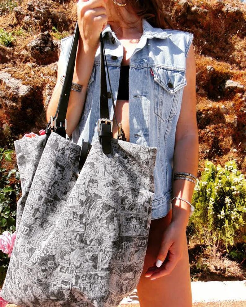 Shopping bag comics bag handmade in patterned canvas | Etsy