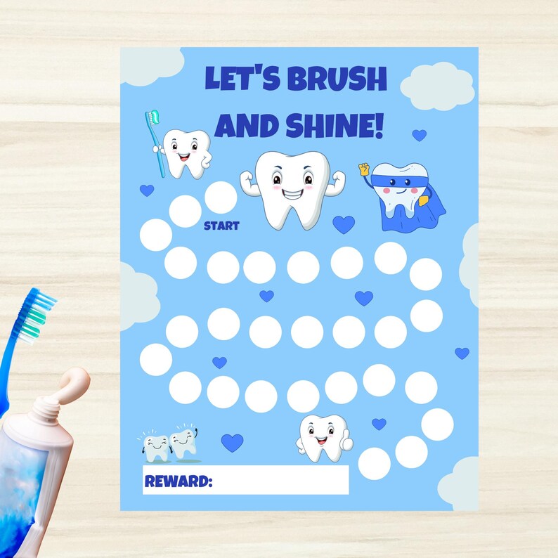 Printable Blue Brush Teeth Reward Chart for Kids | Fun Tooth Brushing ...