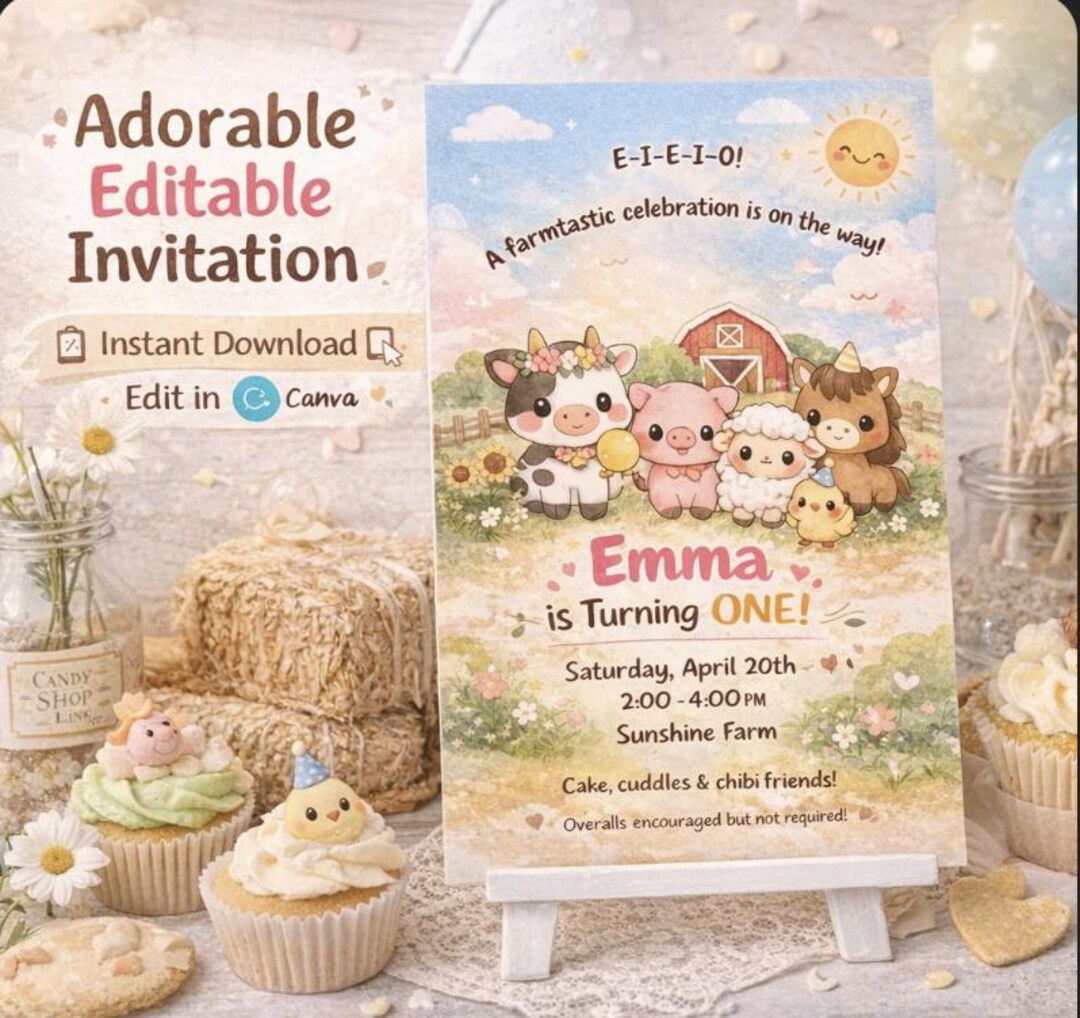 Chibi Farm Animals Birthday Invitation | Editable Canva Template ...