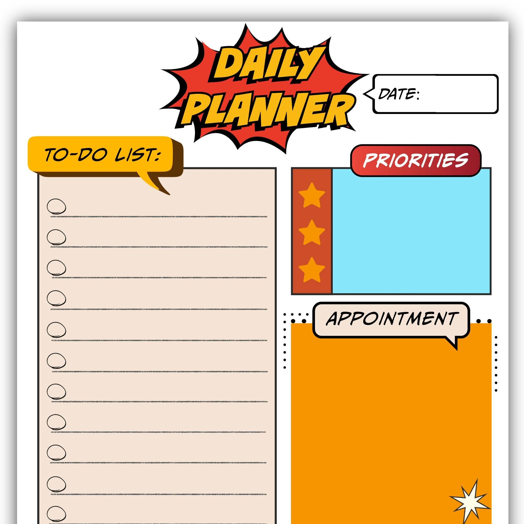 Comic Style Daily Planner Printable | Fun Pop Art Organizer | Undated ...