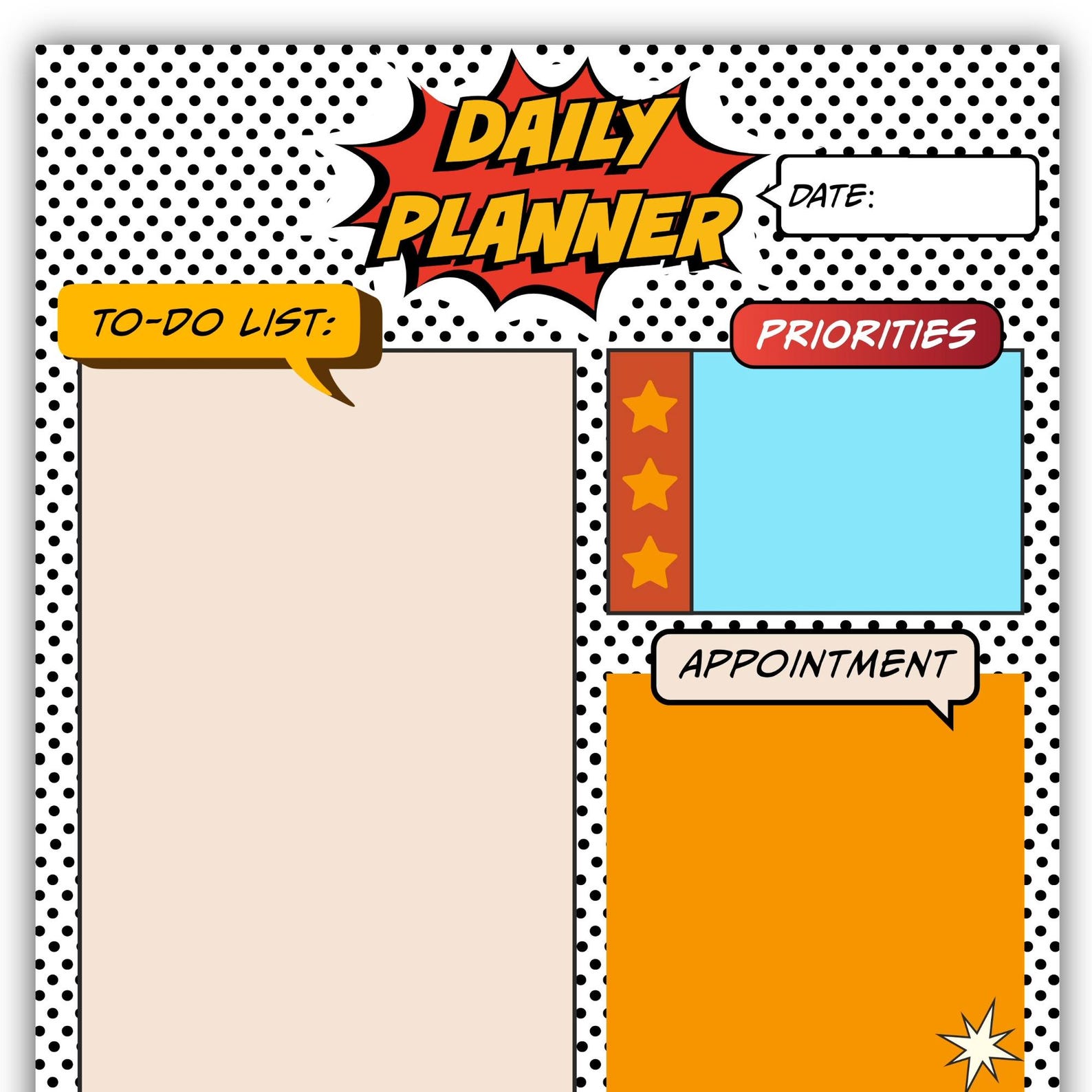 Comic Style Daily Planner Printable | Fun Pop Art Organizer | Undated ...