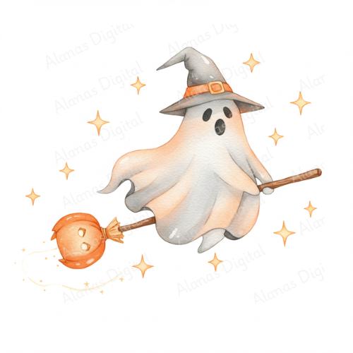 14 Cute Halloween Ghost With Pumpkin Clipart, Spooky Watercolor Prints ...