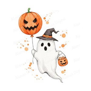 14 Cute Halloween Ghost With Pumpkin Clipart, Spooky Watercolor Prints ...