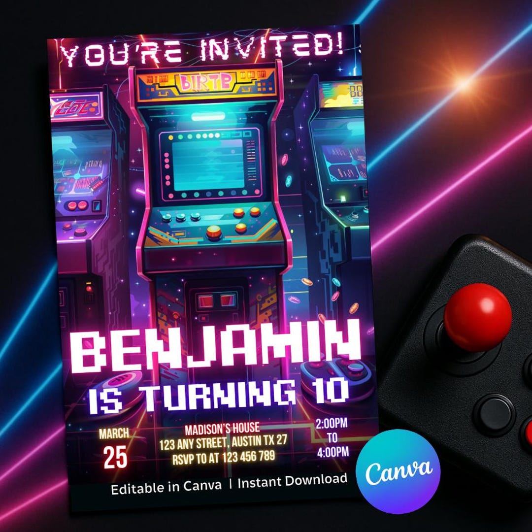 Arcade Birthday Invitation | Editable Game Party Template | 8‑bit Video ...