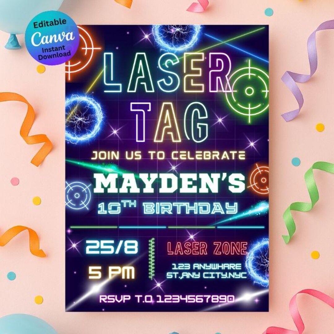 Laser Tag Birthday Invitation Template | Editable Neon Party Invite ...