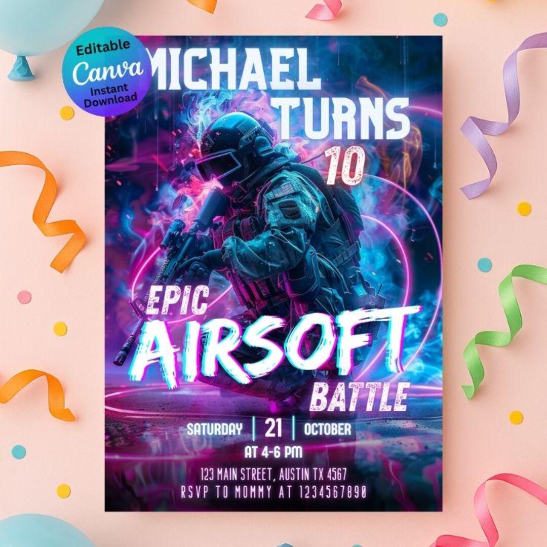 Airsoft Birthday Invitation Template | Editable Airsoft Party Invite ...
