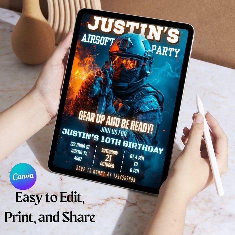 Airsoft Birthday Invitation Template | Editable Battle Party Invite for ...