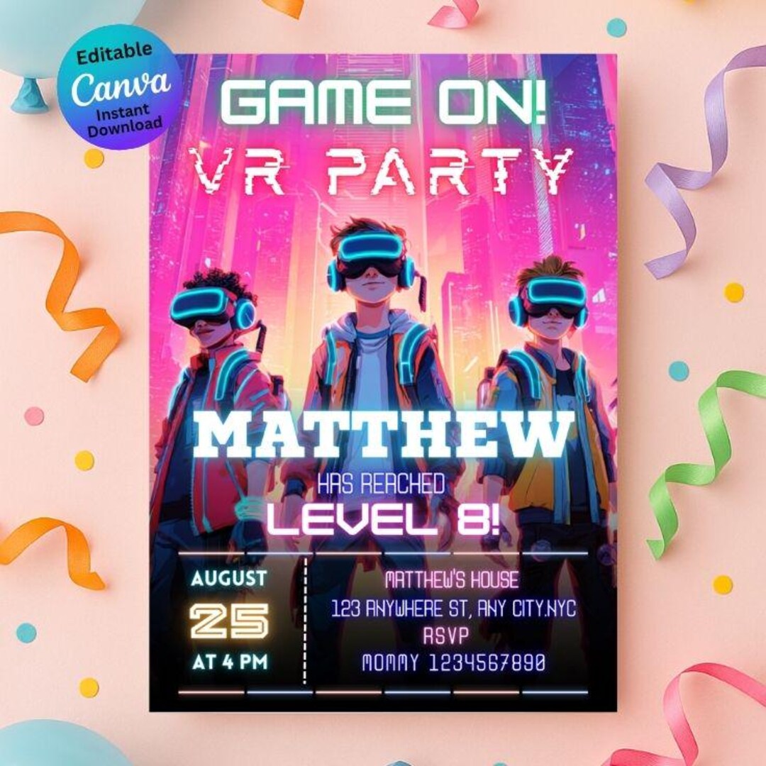 Editable VR Birthday Invitation | Virtual Reality Party Invite Template ...