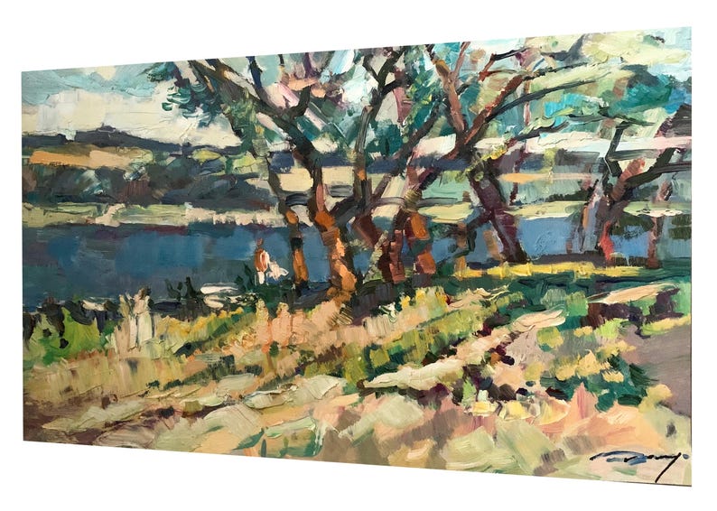 Vintage Original Oil Painting by Ukrainian О.demydenko Riverbank ...