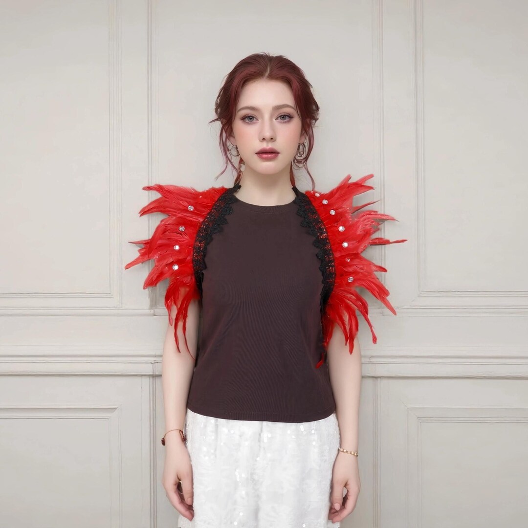 Bright Red Feather Cape Wrap With Black Lace Trim & White Rhinestones ...