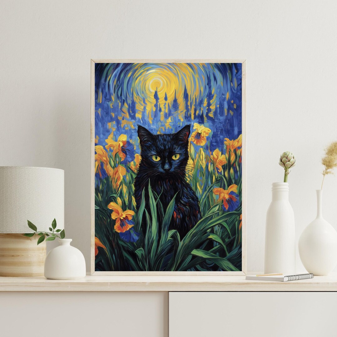 Vincent Van Gogh's Irises the Starry Night Cat Print - Van Gogh Cat ...