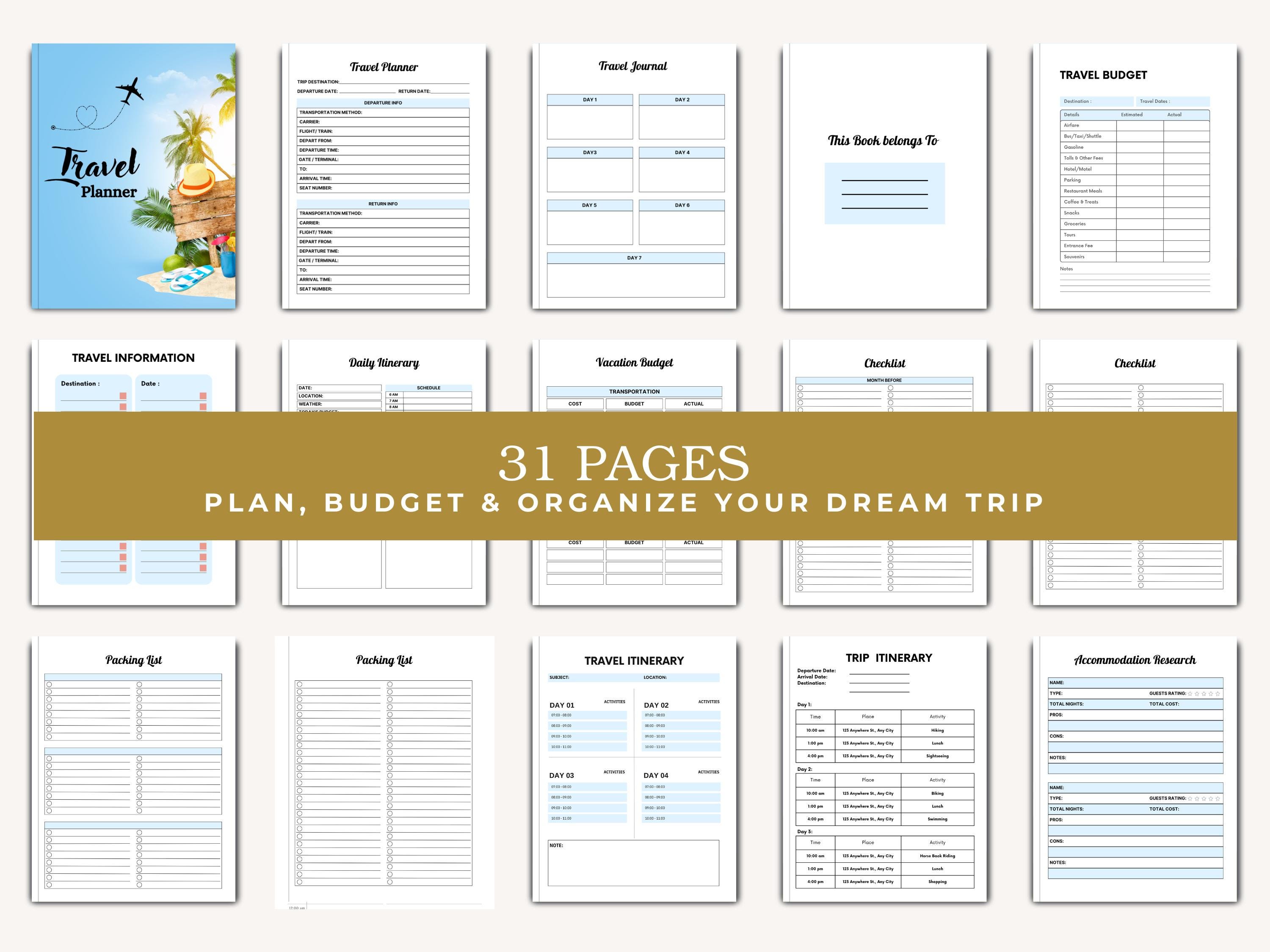 Travel Planner PDF Printable | Vacation Itinerary, Packing List, Trip ...
