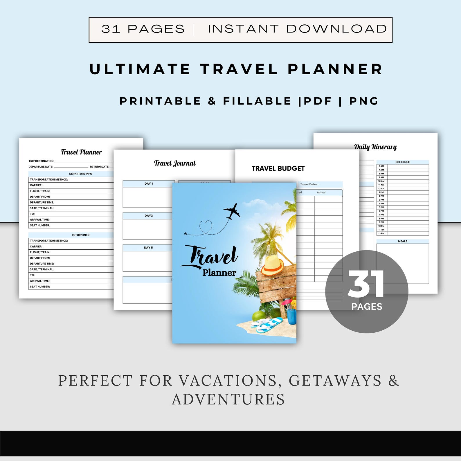 Travel Planner PDF Printable | Vacation Itinerary, Packing List, Trip ...