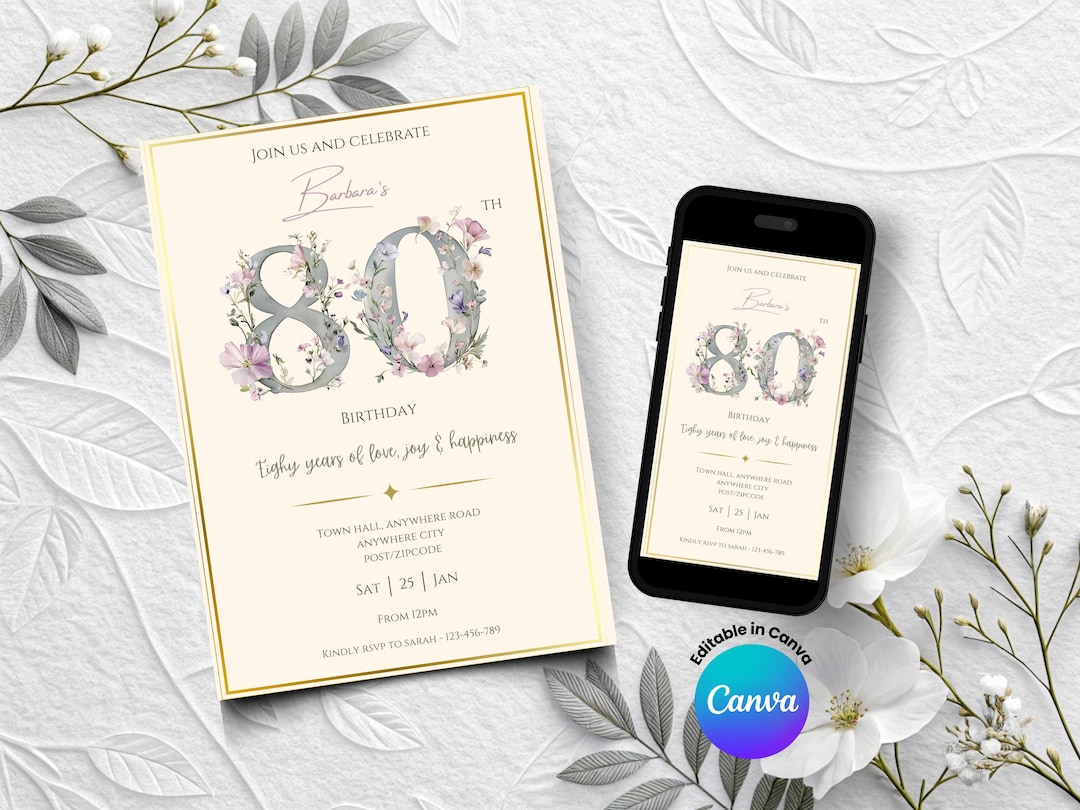 Editable 80th Birthday Invitation • Floral Printable & Mobile Template ...