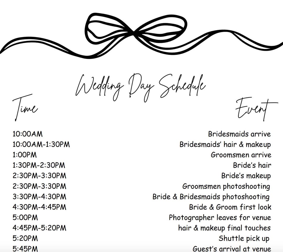 Downloadable Wedding Day Timeline - Etsy