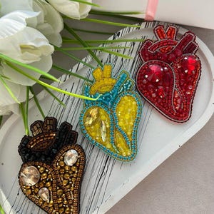 Anatomical Heart Pin, Red Heart Brooch, Beaded Heart Brooch, Red Beaded ...