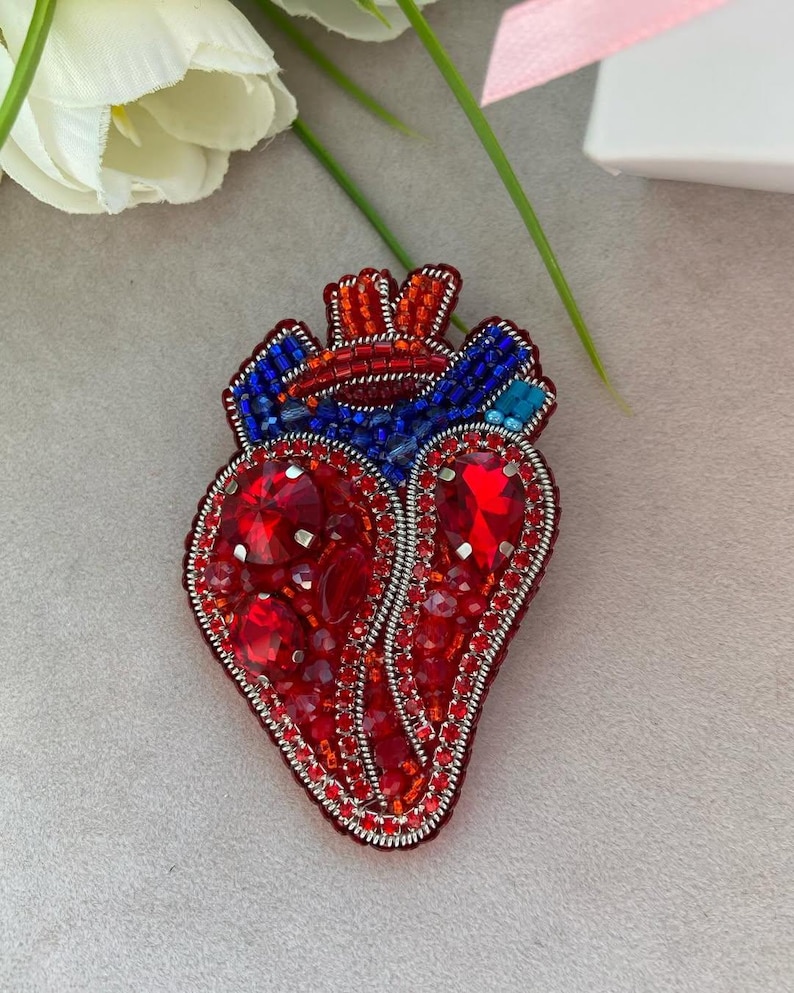 Anatomical Heart Pin, Red Heart Brooch, Beaded Heart Brooch, Red Beaded ...