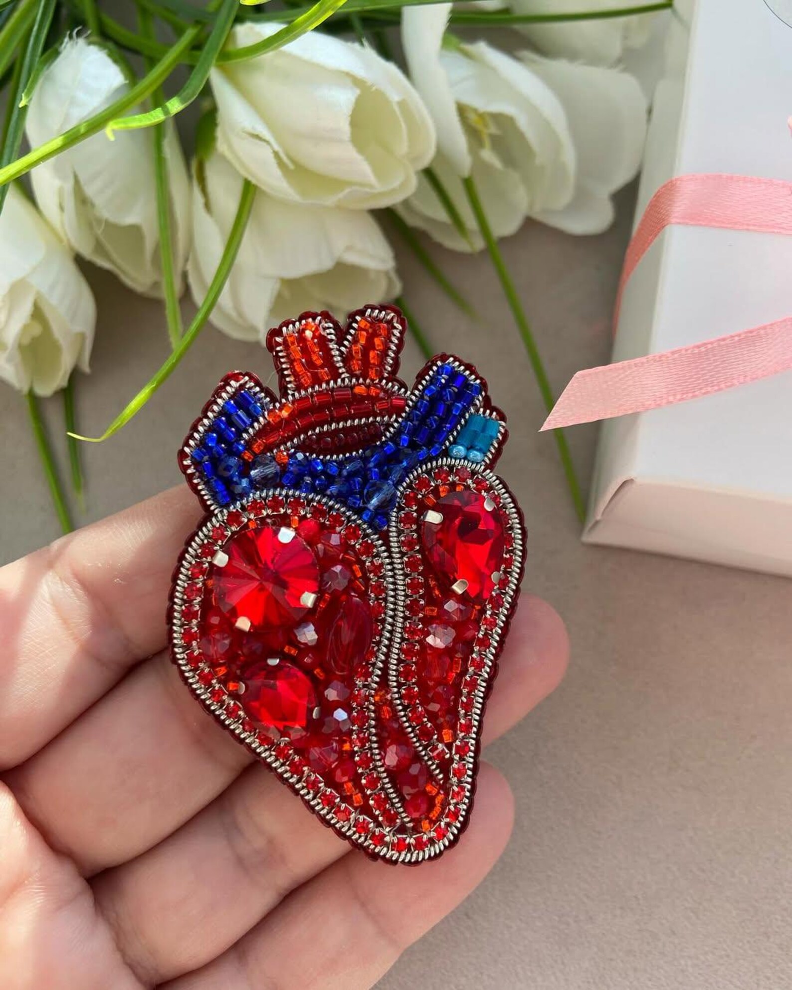 Anatomical Heart Pin, Red Heart Brooch, Beaded Heart Brooch, Red Beaded ...