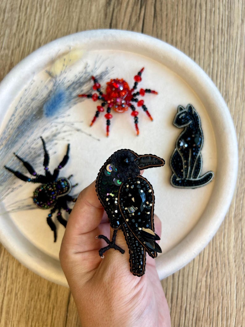 Black Brooch Set, Witchy Cat Pin, Moody Raven Brooch, Beaded Crow Pin ...
