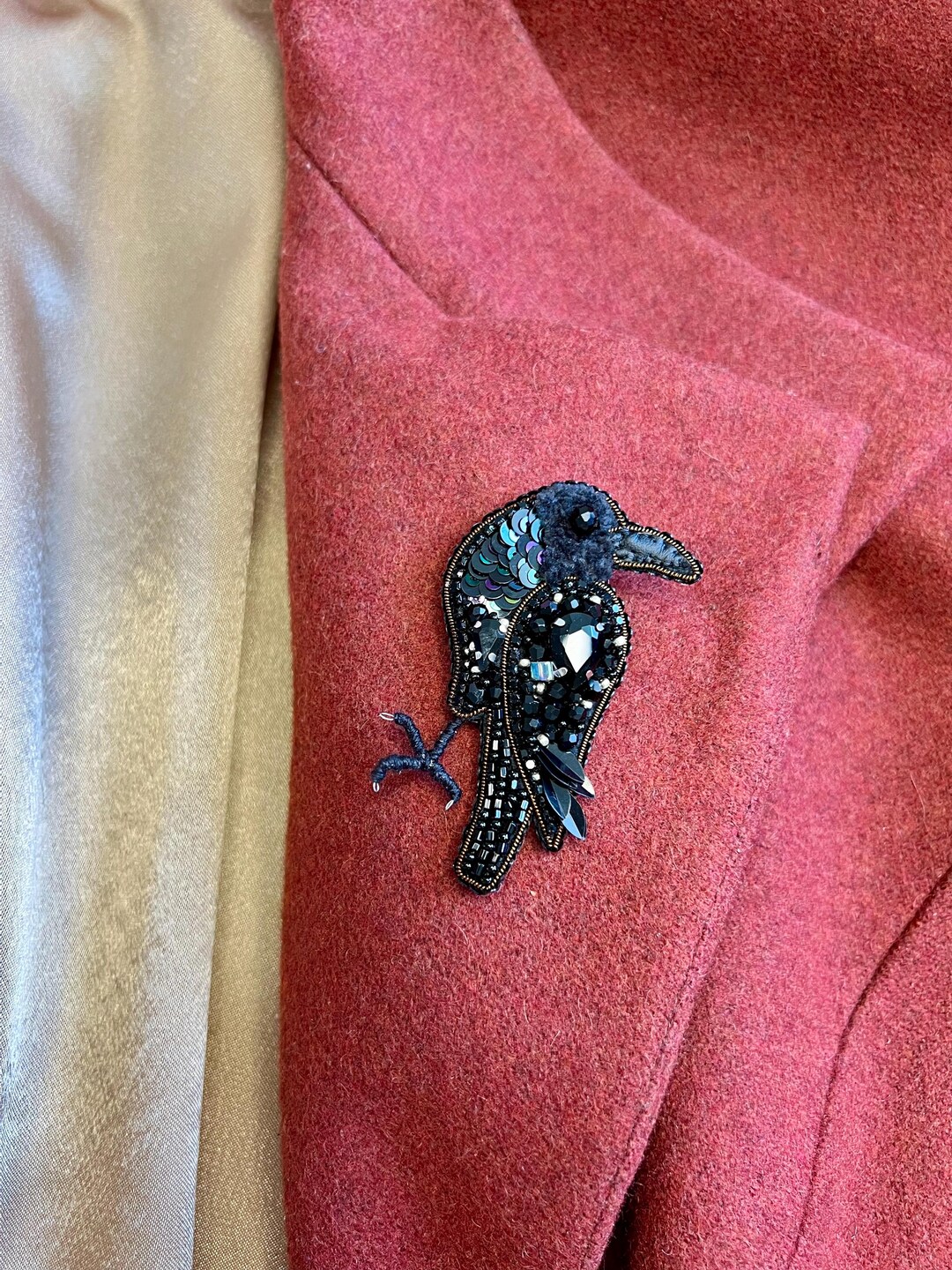 Black Halloween Raven, Mystic Crow Beaded Pin, Gothic Bird Brooch, Dark ...