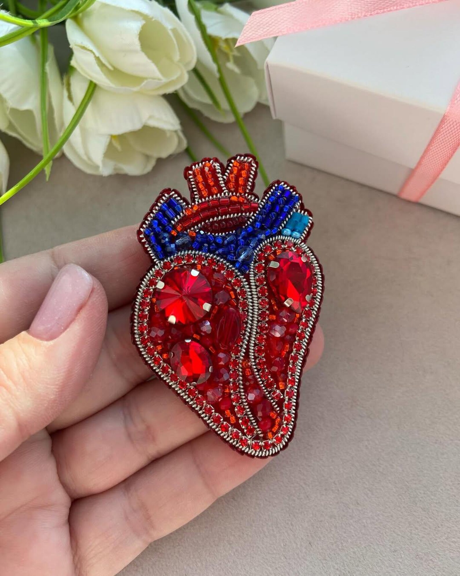 Anatomical Heart Pin, Red Heart Brooch, Beaded Heart Brooch, Red Beaded ...