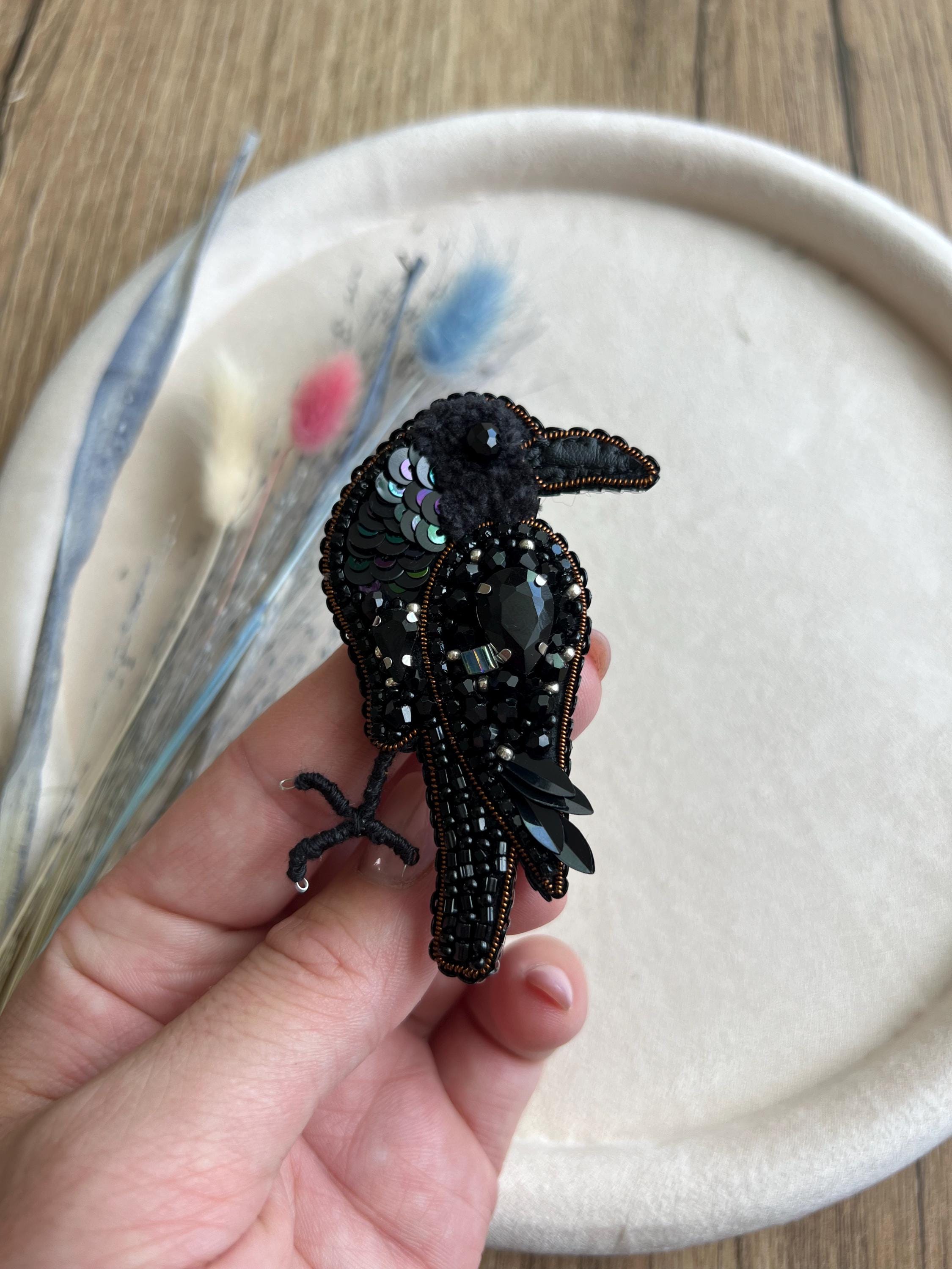 Haunted Raven Brooch, Beaded Black Crow Pin, Witchy Halloween Accessory ...
