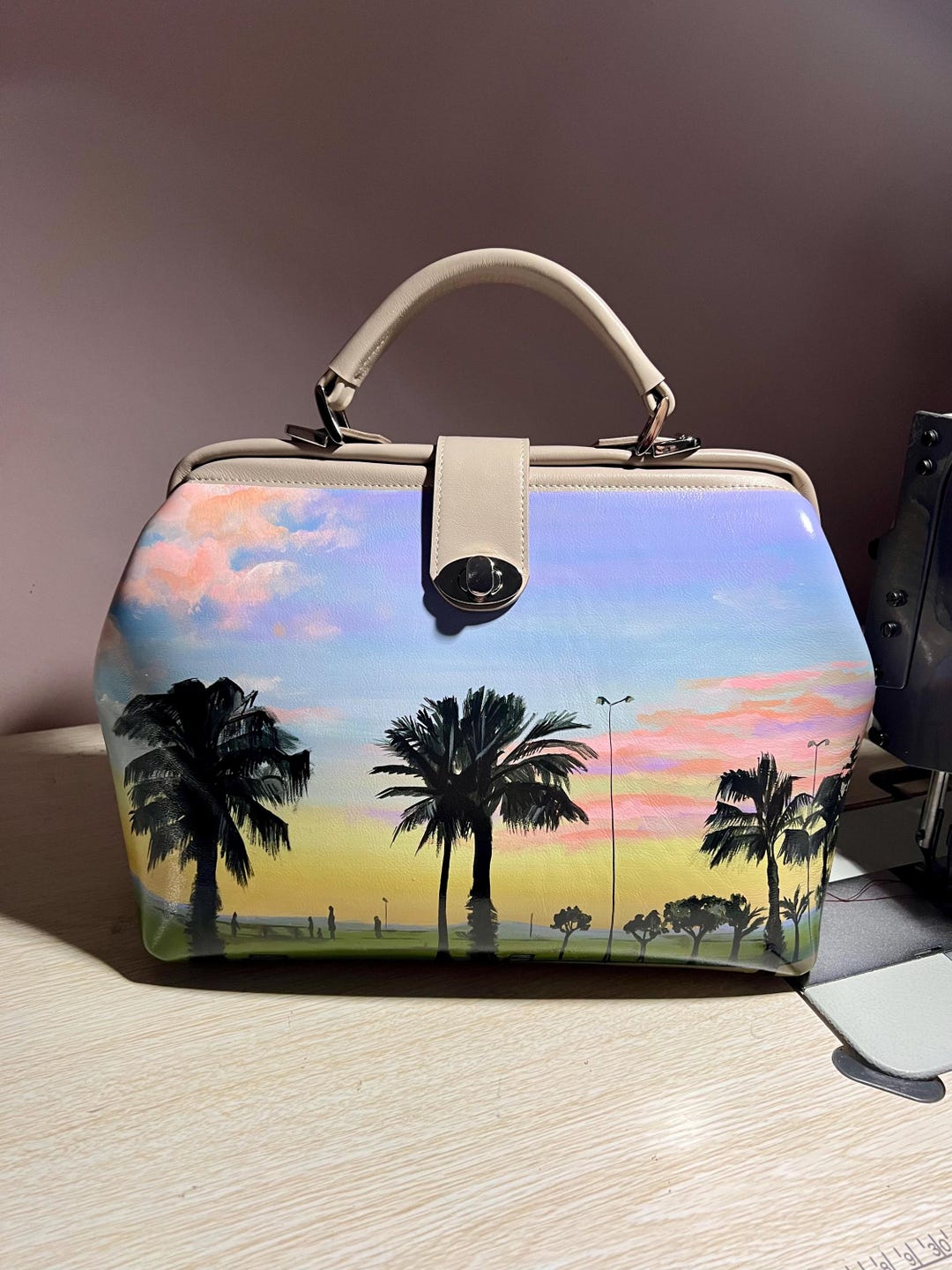 Painted Palm Tree Handbag, Hand-painted Everyday Bag, Beige Painted ...