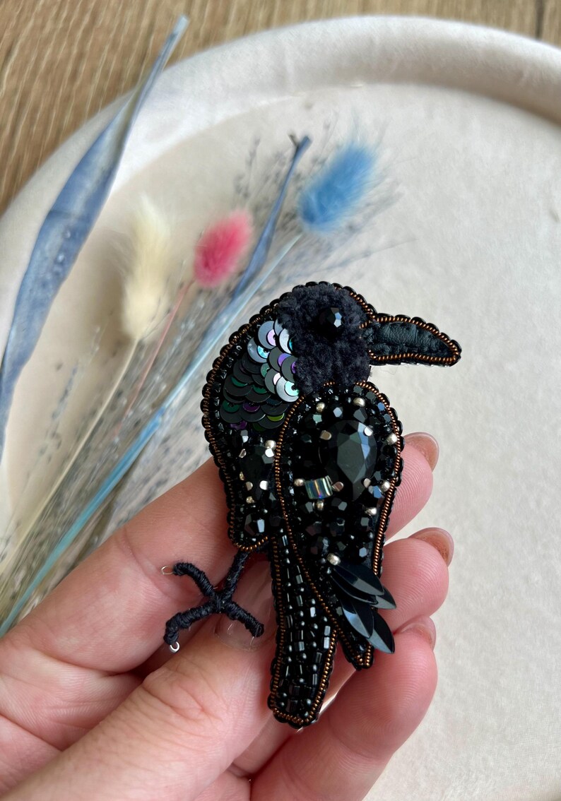 Haunted Raven Brooch, Beaded Black Crow Pin, Witchy Halloween Accessory ...