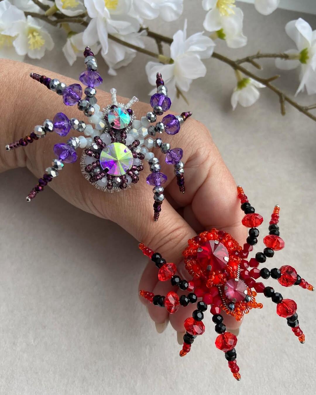 Gothic Spider Pin, Beaded Insect Brooch, Red Purple Arachnid Pin ...