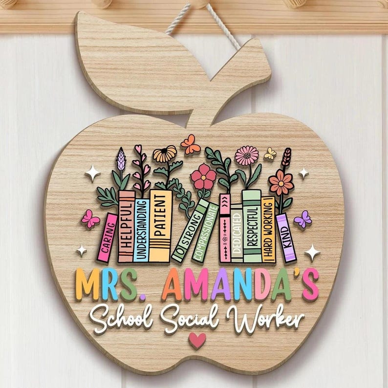 Social Worker Door Sign, Apple Shape Office Decor, Motivational Books ...