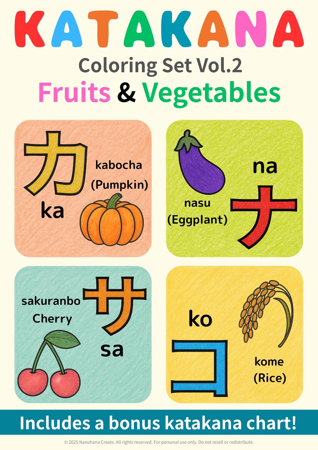 Katakana Coloring Book Vol.2 – Japanese Alphabet × Fruits & Veggies ...