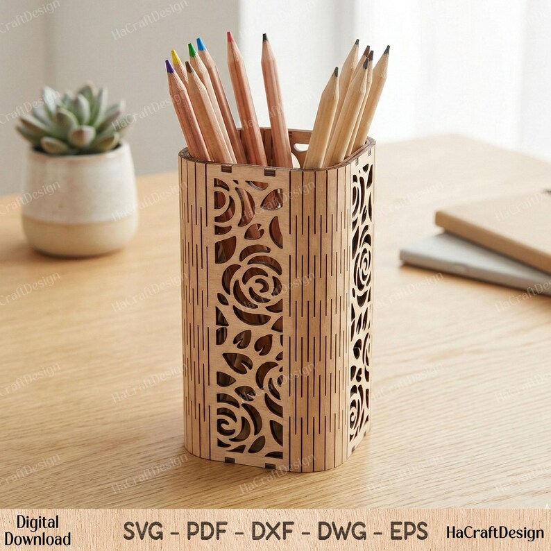 Laser Cut Floral Pencil Holder SVG – CNC Desk Organizer (digital File ...