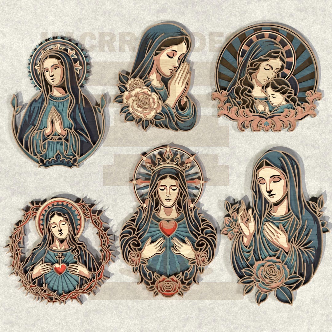 Virgin Mary Laser Cut Bundle SVG – 6 Catholic Multilayer Files for Glowforge & Cricut, Crowned ...