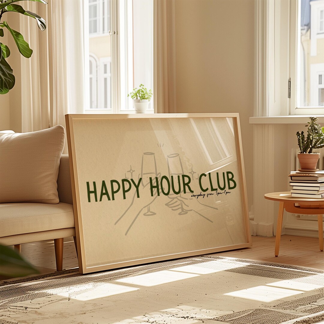 Happy Hour Club Poster | Minimalist Bar Cart Cocktail Decor (digital ...