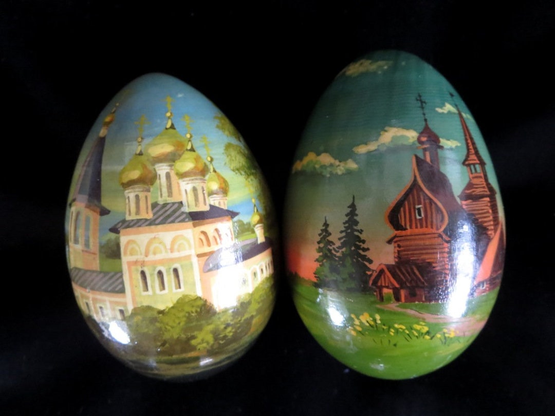 TWO Russian Wooden Lacquered Eggs Handmade & Hand Painted - Etsy