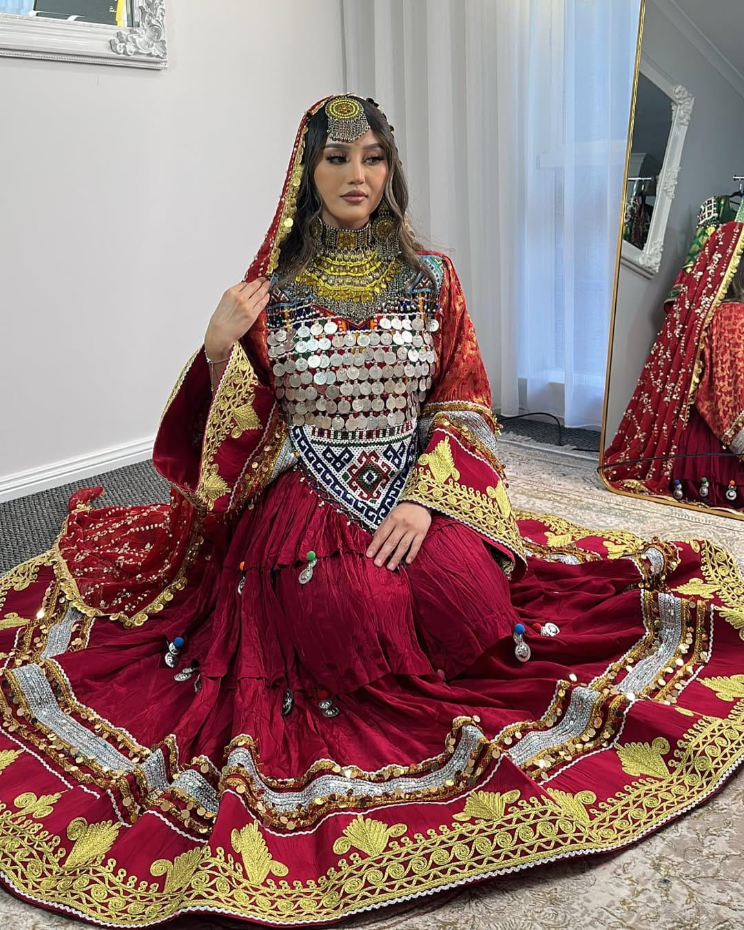 Red Afghan Traditional Dress in Lelomitan Fabric | Coins & Charma ...