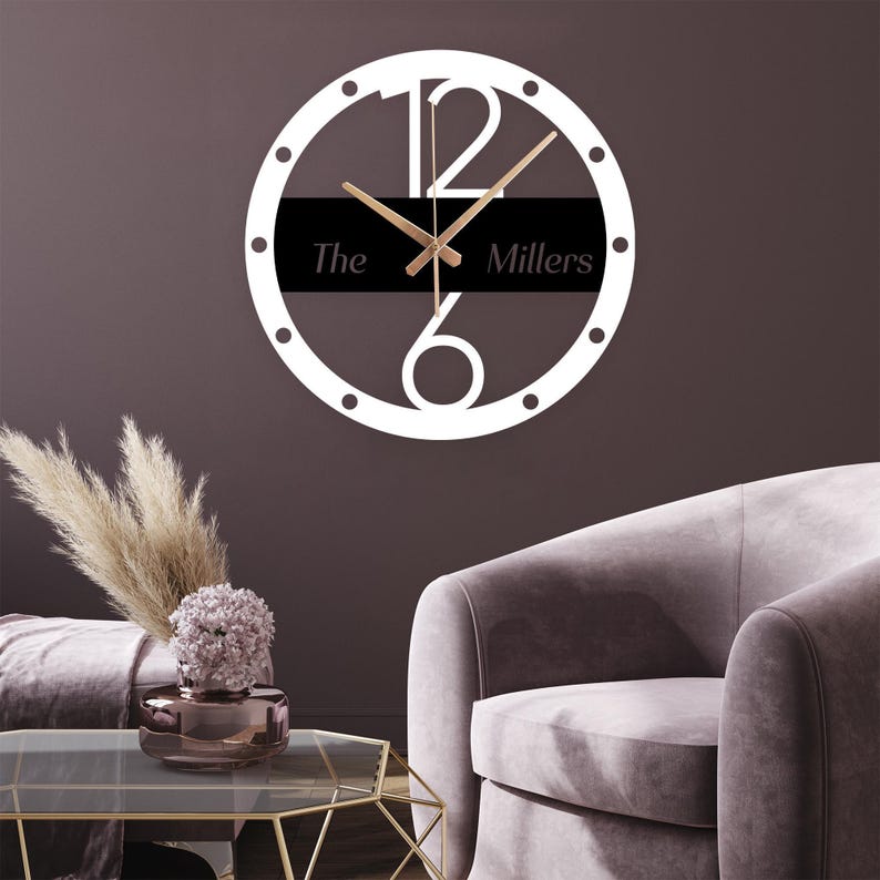 Personalized Wooden Metal Wall Clock With Family Name, White Wooden ...