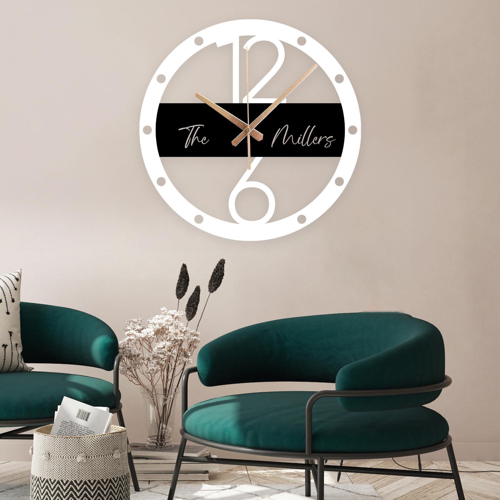 Personalized Wooden Metal Wall Clock With Family Name, White Wooden ...