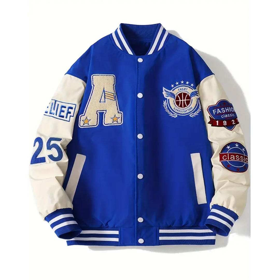Men’s Blue Varsity Bomber Jacket With Cream Sleeves and Embroidered ...
