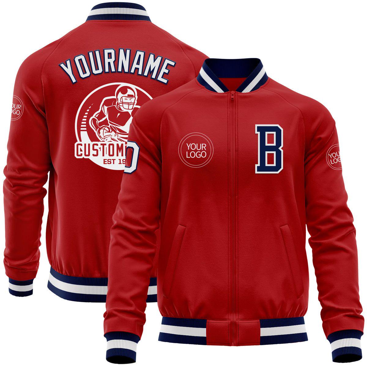 Customized Red Varsity Jacket With Blue “B” Patch Add Your Name & Logo ...