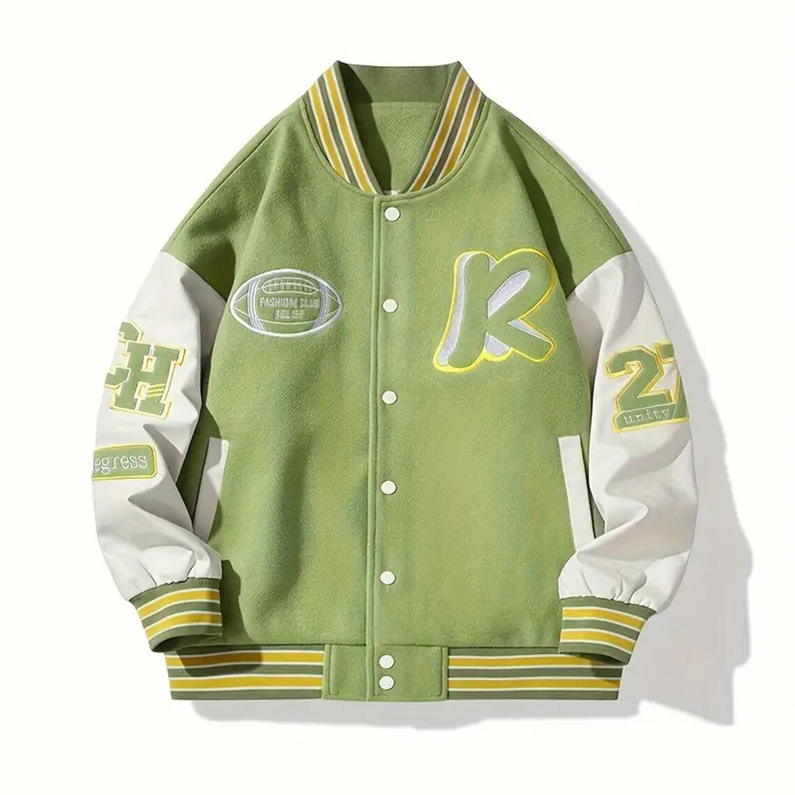 Stylish Vintage-inspired Varsity Jacket – Green Body, Cream Sleeves ...