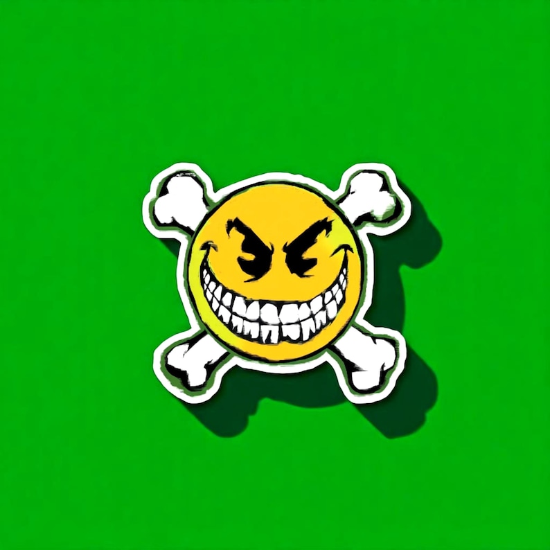 Evil Smiley Face Sticker – Skull & Crossbones Vinyl Decal, Grunge Punk ...