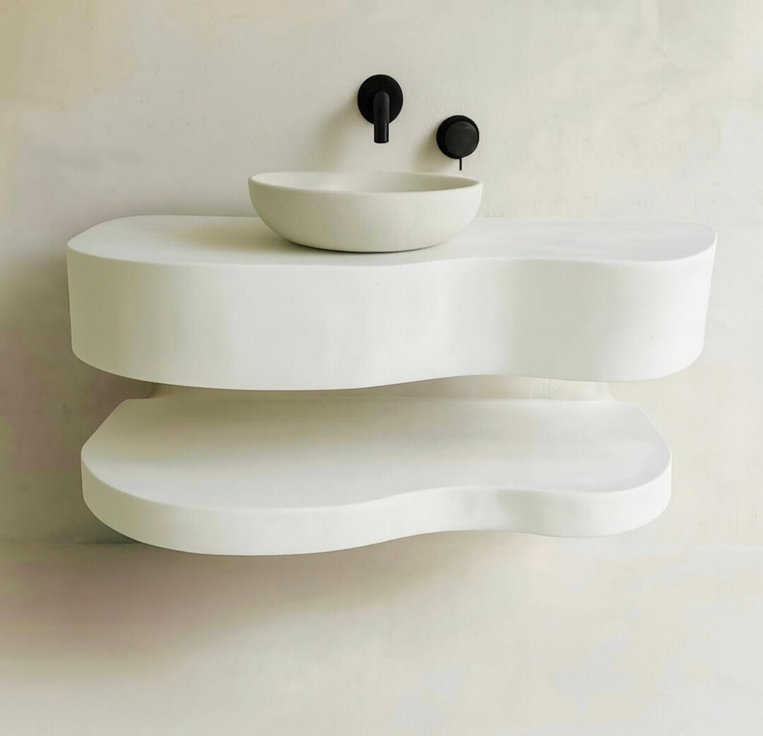 Microcement Organic Shape Curve Sink Vanity With Matching Towel Shelf ...