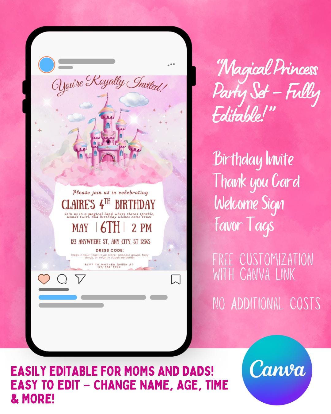 Editable Pastle Princess Birthday Invitation | Pastel Pink Any Age ...