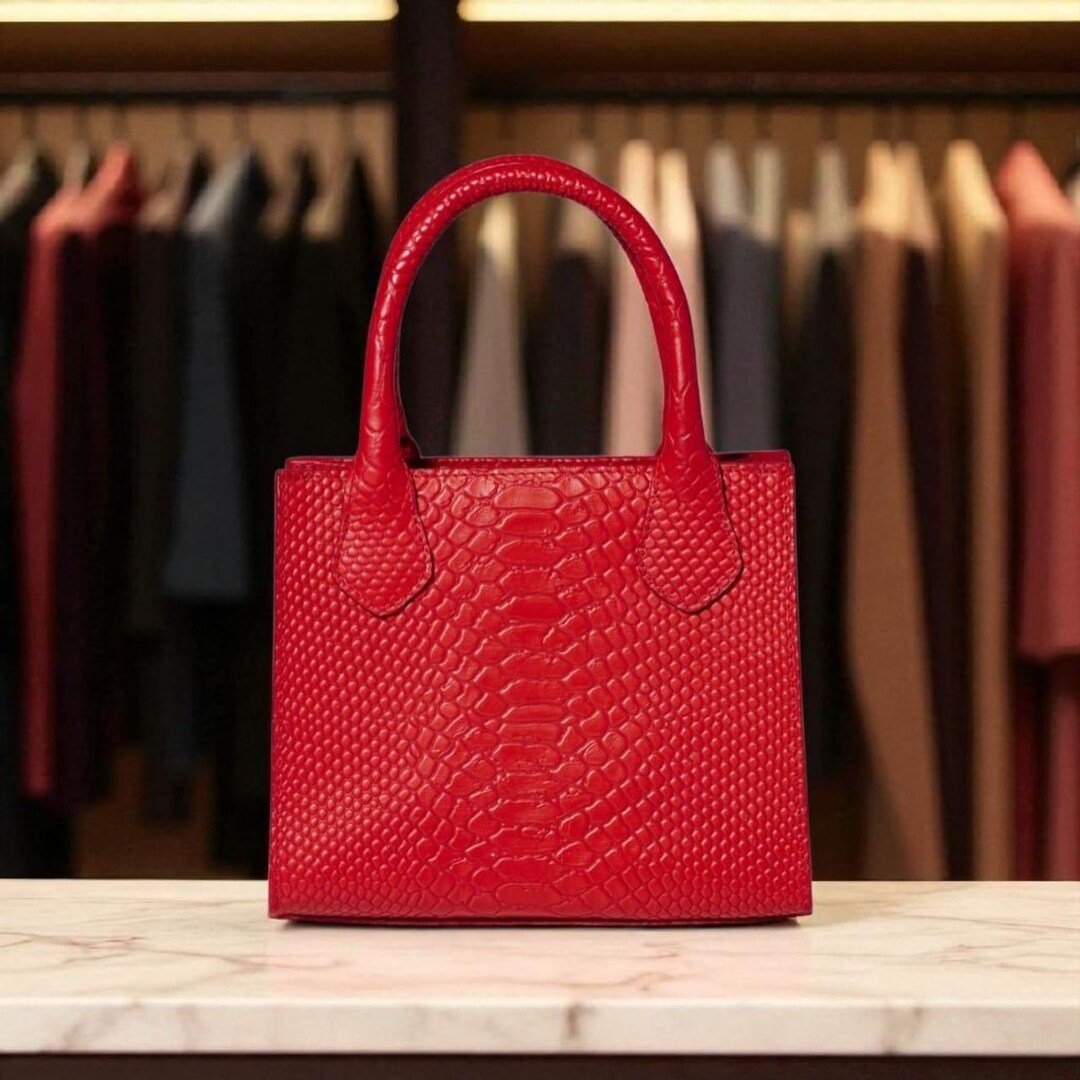 Red Croco Embossed Leather Tote - Elegant Mini Handbag for Everyday ...