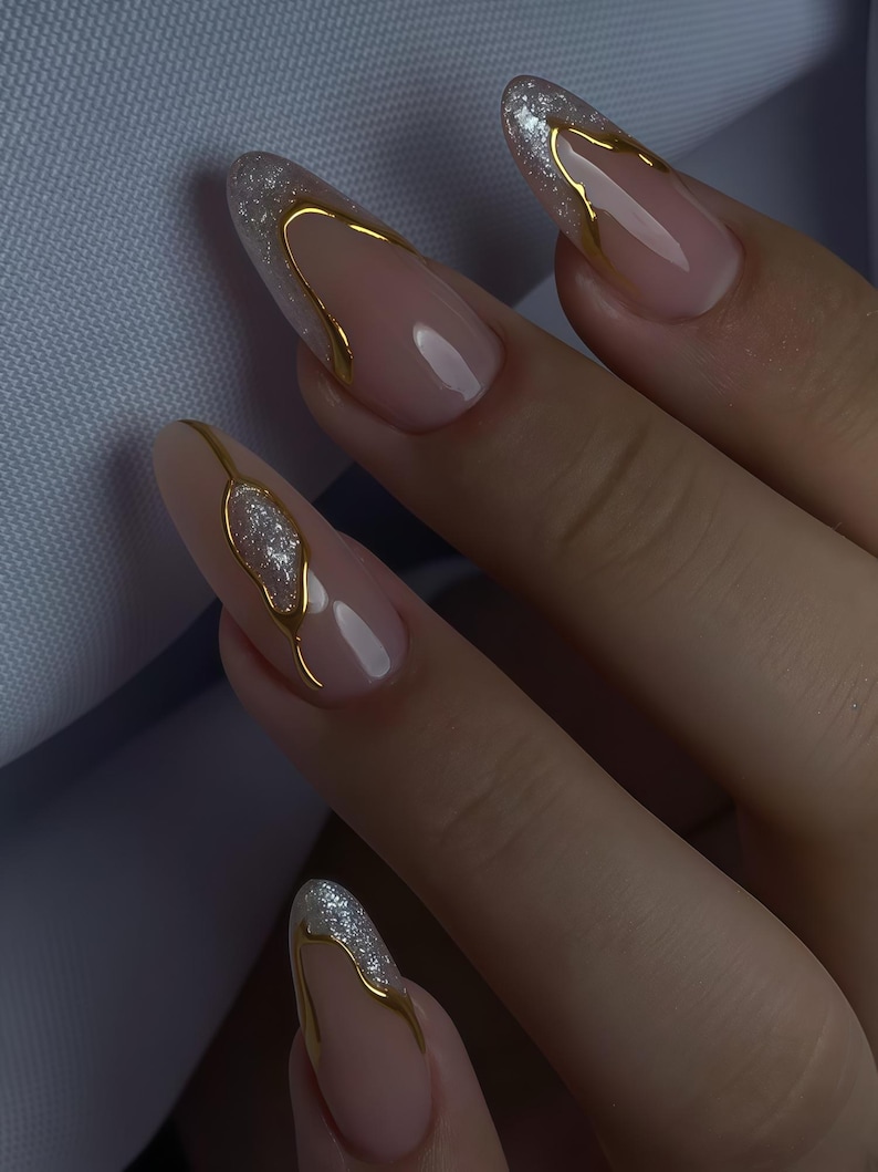 Hand Painted Gold Lins French Press on Nails: 3D Floral Acrylic Nails ...