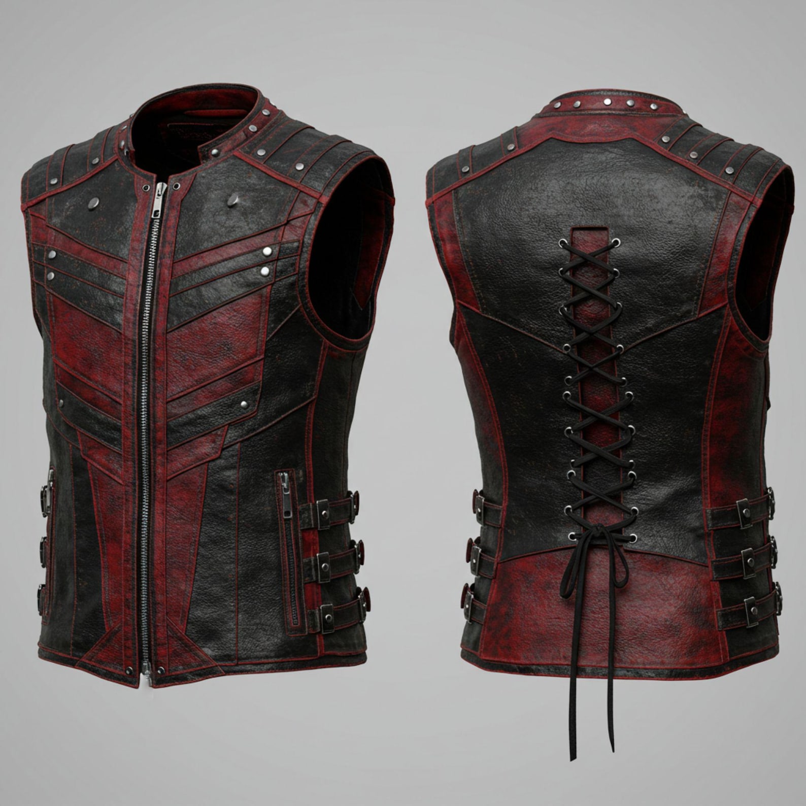 Genuine Black and Red Leather Gothic Vest - Steampunk Rave Vampire Vest ...