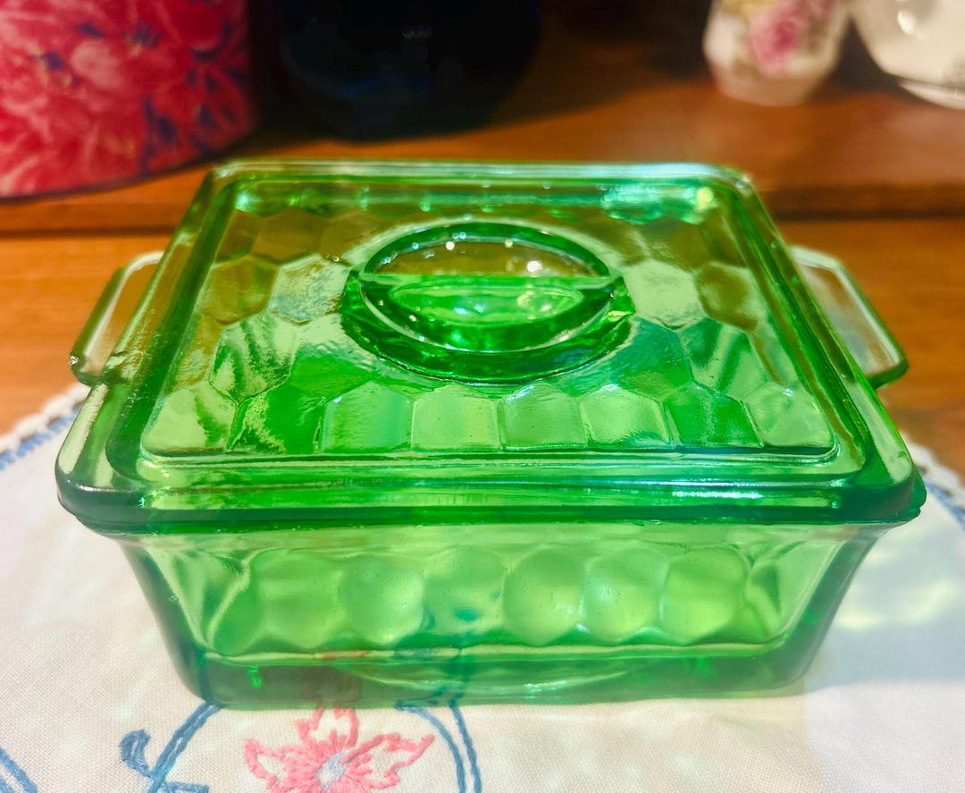 Hazel Atlas Green Uranium Glass Refrigerator Dish With Lid – 5"x4.5"x2 ...