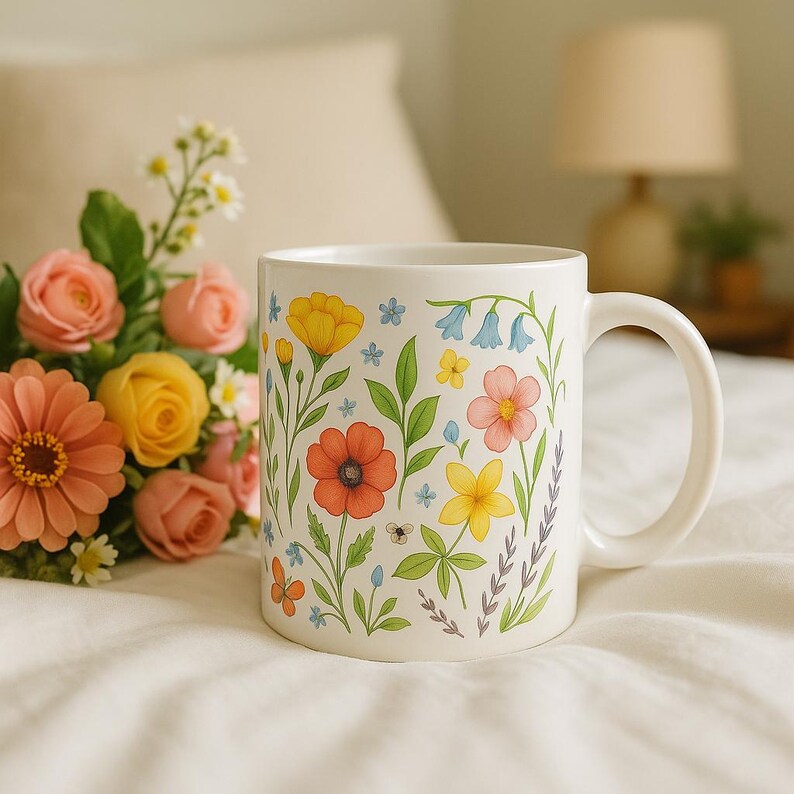 Watercolor Wildflower Mug, Floral Ceramic Coffee Cup, Botanical Garden ...